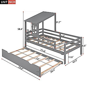 DHHU House Bed with Trundle, Window and Roof, Twin Size Low Loft Bed with Trundle, Wooden Bed Frame for Boy Girl Kids Toddler, Grey