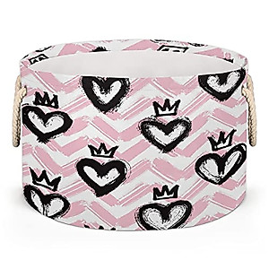 Hearts Crowns Pink Stripe Romantic Large Round Baskets for Storage Laundry Baskets with Handles Blanket Storage Basket for Bathroom Shelves Bins for Organizing Nursery Hamper Girl Boy