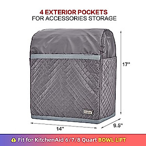 HOMEST Stand Mixer Quilted Dust Cover with Pockets Compatible with KitchenAid 6/7/8 Quart Bowl Lift, Grey (Patent Design)