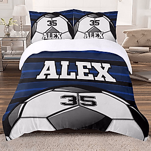 XIUCOO Personalized Soccer Ball Blue Duvet Cover Sets with Name Bedding Set 3 Pcs Quilt Cover with Zipper for Adult Birthday Gift,Queen Size