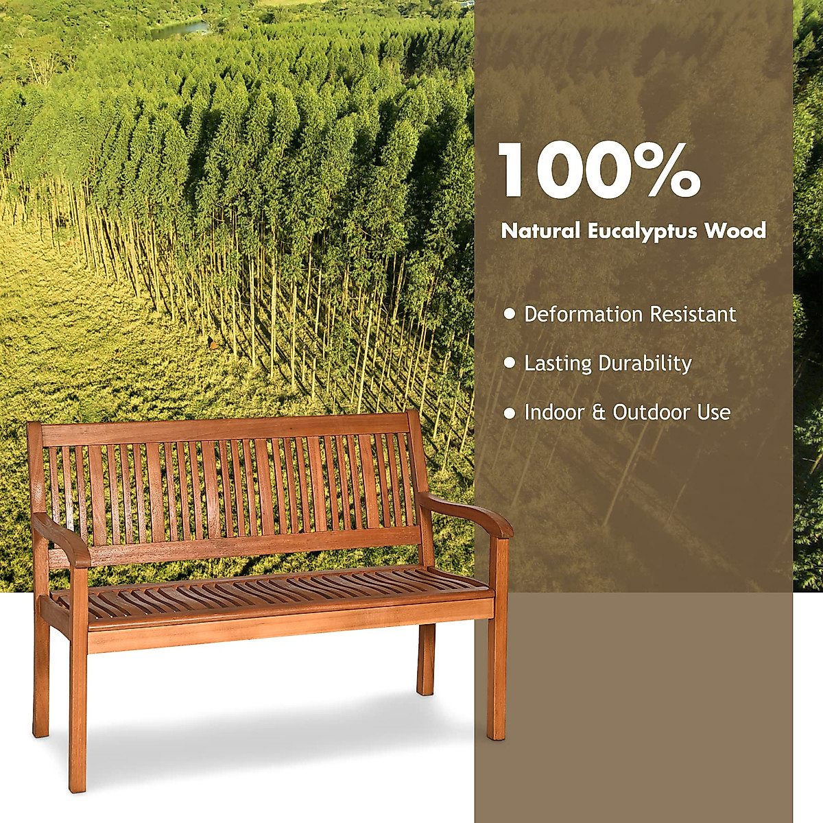 DORTALA 50'' Patio Wooden Bench, Eucalyptus Wood Loveseat with Ergonomic Backrest, Curved Armrests, Sloping Seat, Garden Slatted Bench, Ideal for Patio, Porch, Yard, Lawn, 705 lbs Weight Capacity