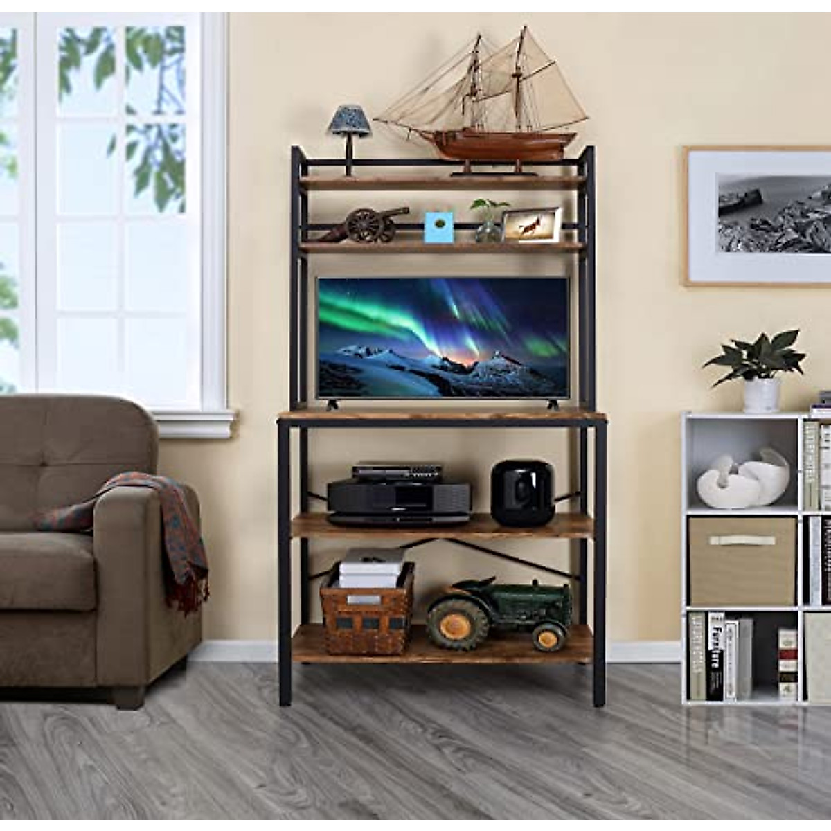 Finnhomy 5-Tier Kitchen Bakers Rack with Storage, Freestanding Microwave Oven Stand with Hutch, Wood Kitchen Rack with Shelves for Living Room/Pantry, 15.75" D x 31.5" W x 67.5" H, Rustic Brown