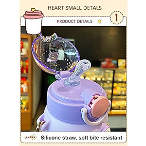 Kawaii Water Bottle with Straw and Strap Portable Water Jug Cute Aesthetic Drinking Cup for Outdoor Back to School, 24oz (Pink Bunny)