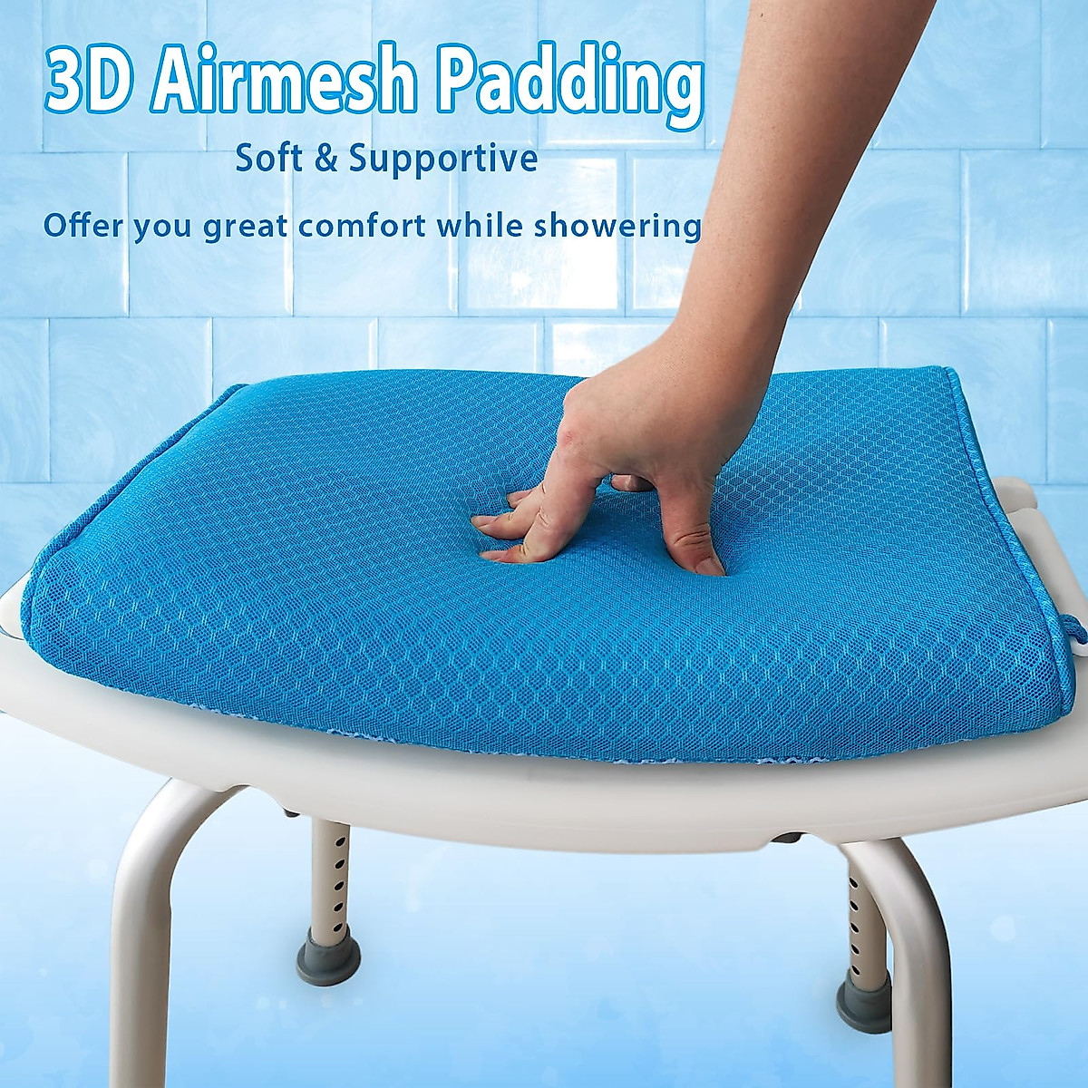 AEROiVi Shower Seat Cushion for Shower Chairs, Transfer Benches in Bathtub, Cushion for Sauna, 3D Mesh Pad with Hook, Slip-Resistant, Design for Elderly, Senior, Handicap & Disabled