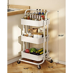 3 Tier Mesh Utility Cart, Rolling Metal Organization Cart with Handle and Lockable Wheels, Multifunctional Storage Shelves for Kitchen Living Room Office by Pipishell White