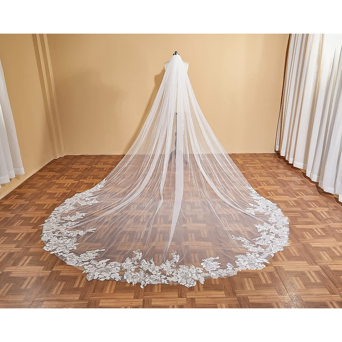 EllieWely 1 T Cathedral Length Sequin Lace Wedding Bridal Veil F22 Ivory