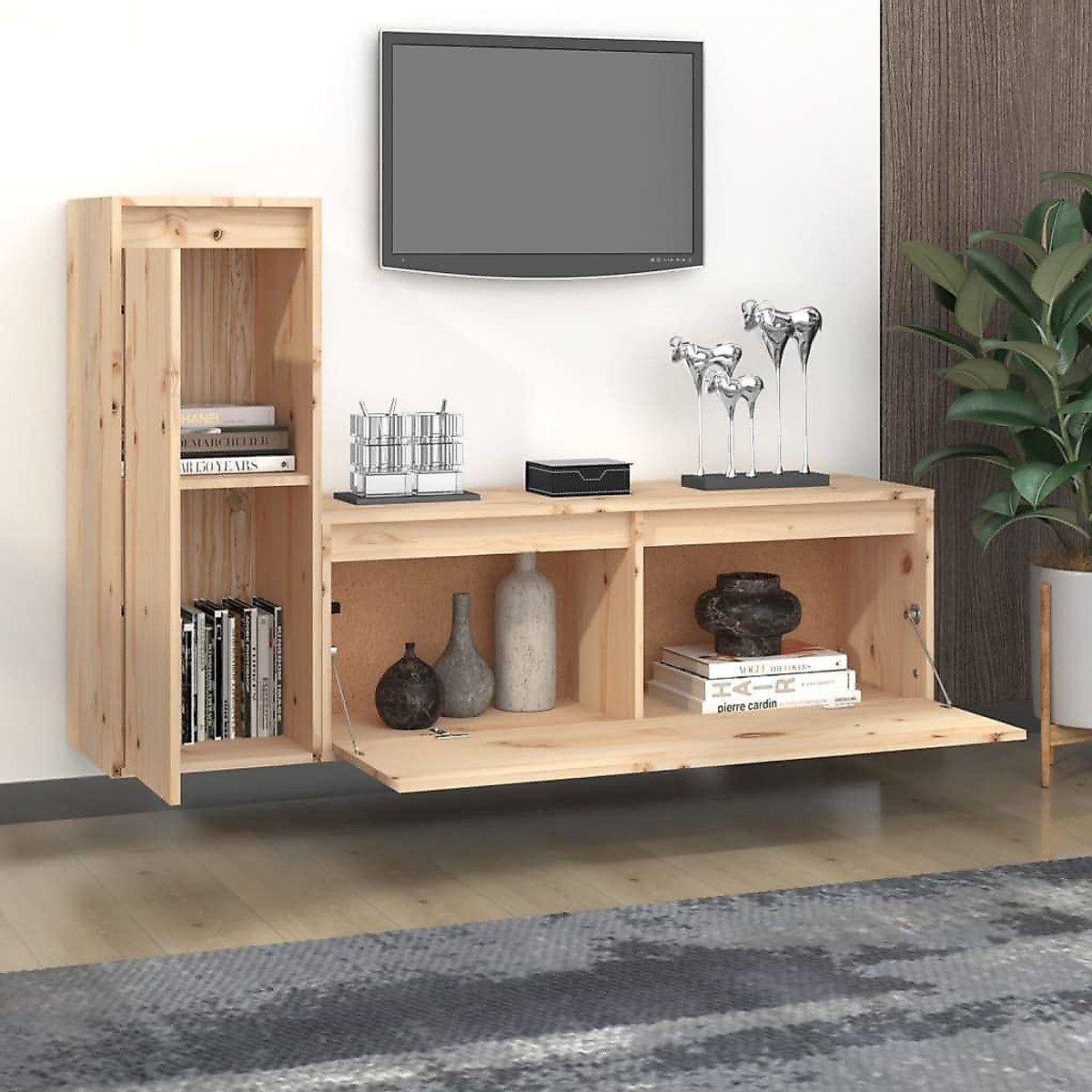 GaRcan 2X Solid Wood Pine TV Cabinets Home Indoor Bedroom Living Room Entertainment Center HiFi Cabinet Wooden TV Stand Shelf Unit Furniture Grey (Brown)
