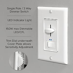 Maxxima Dimmer Electrical Light Switch - Featuring Blue Indicator Light, LED Compatible, 3-Way/Single Pole Use, 600 Watt Max, Dimmable Lamp and Lighting Control, Wall Plate Included - 2 Pack