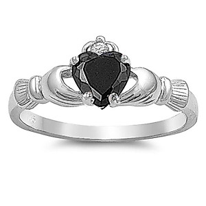 Black Simulated CZ Unique Elegant Claddagh Ring New .925 Sterling Silver Band Size 10