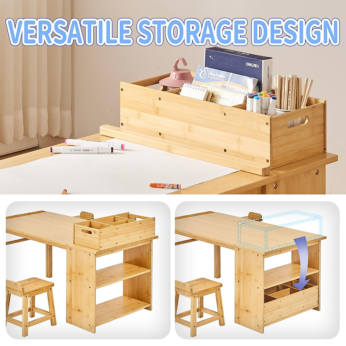 UNICOO Drawing and Art Table & Chair Set for Toddlers - Portable Craft Supplies Organizer and Storage Shelves, Canvas Bins, Paper Roll Rack, 2 Stools, Kids Art Table, Ages 2-12 (Nature)