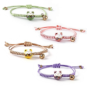 4 Pieces Cat Maneki Neko Bracelet Cute Lucky Cat Ceramic Beads Bracelets Feng Shui Lucky Bracelet Japanese Fortune String Bracelet with Bell, Adjustable