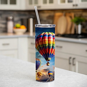 Hot Air Balloons Against a Cloud Covered Deep Blue Sky Skinny Tumbler 20oz with Straw Insulated Water Bottle Gift