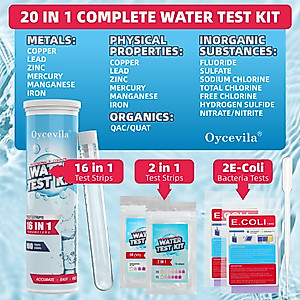 20 in 1 Water Testing Kit Home, Easy & Simple Drinking Water Test Kit & Well Water Test Kit, 130 Strips Water Test Strips for Hardness, pH, Lead, Iron, Fluoride, Chlorine, Bacteria, Etc - by Oycevila