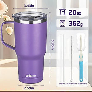 20 oz Insulated Coffee Mug with Ceramic Coating, Stainless Steel Travel Mug Tumbler with Handle Lid and Straw, Double Wall Leak-Proof Thermos Coffee Travel Mug Keeps Drink Hot and Cold (Purple)