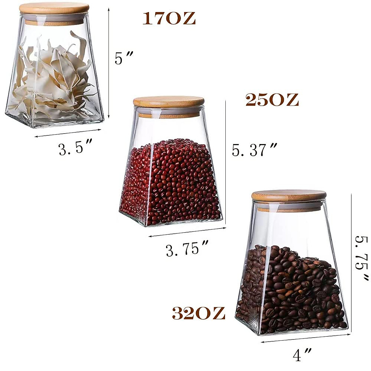WEIRUIFANZHI 3 Pack Glass Food Storage Jars with Bamboo Lids Set Clear Airtight Canisters Kitchen Decorative Containers for Candy,Cookie Coffee,Sugar,Spice(17OZ/25OZ/32OZ)