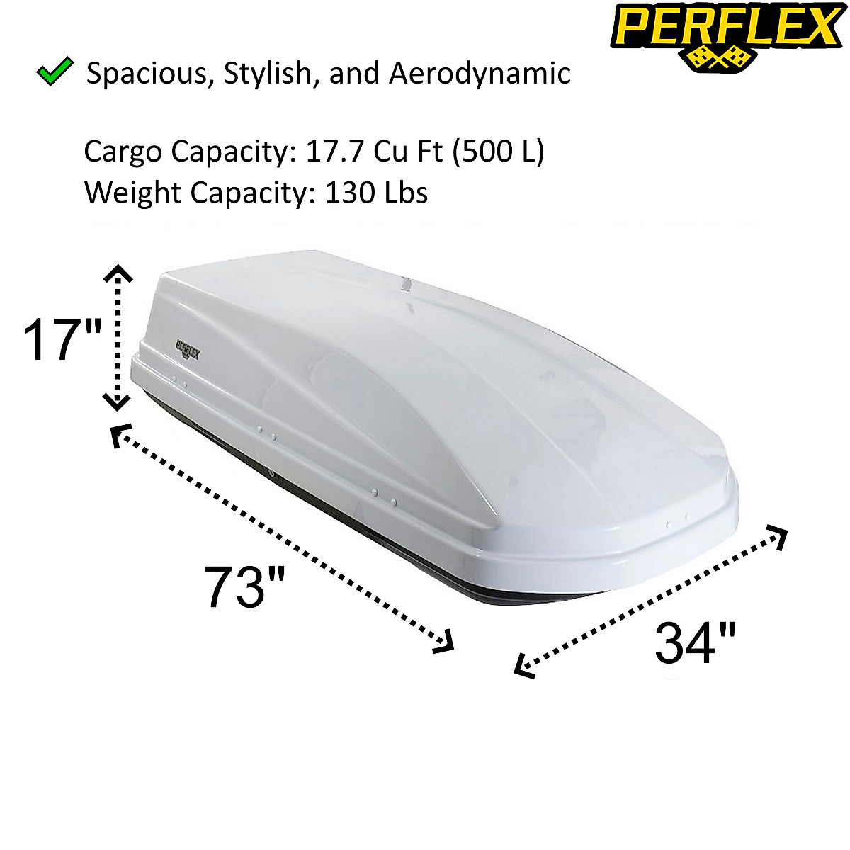 Perflex Exclusive Rooftop Cargo Box Carrier Large 17.7 Cubic Feet Car Top Mount Travel Luggage Storage, Dual Side Opening, 130 Lbs Weight Capacity, Extra Keys, Straps (White)