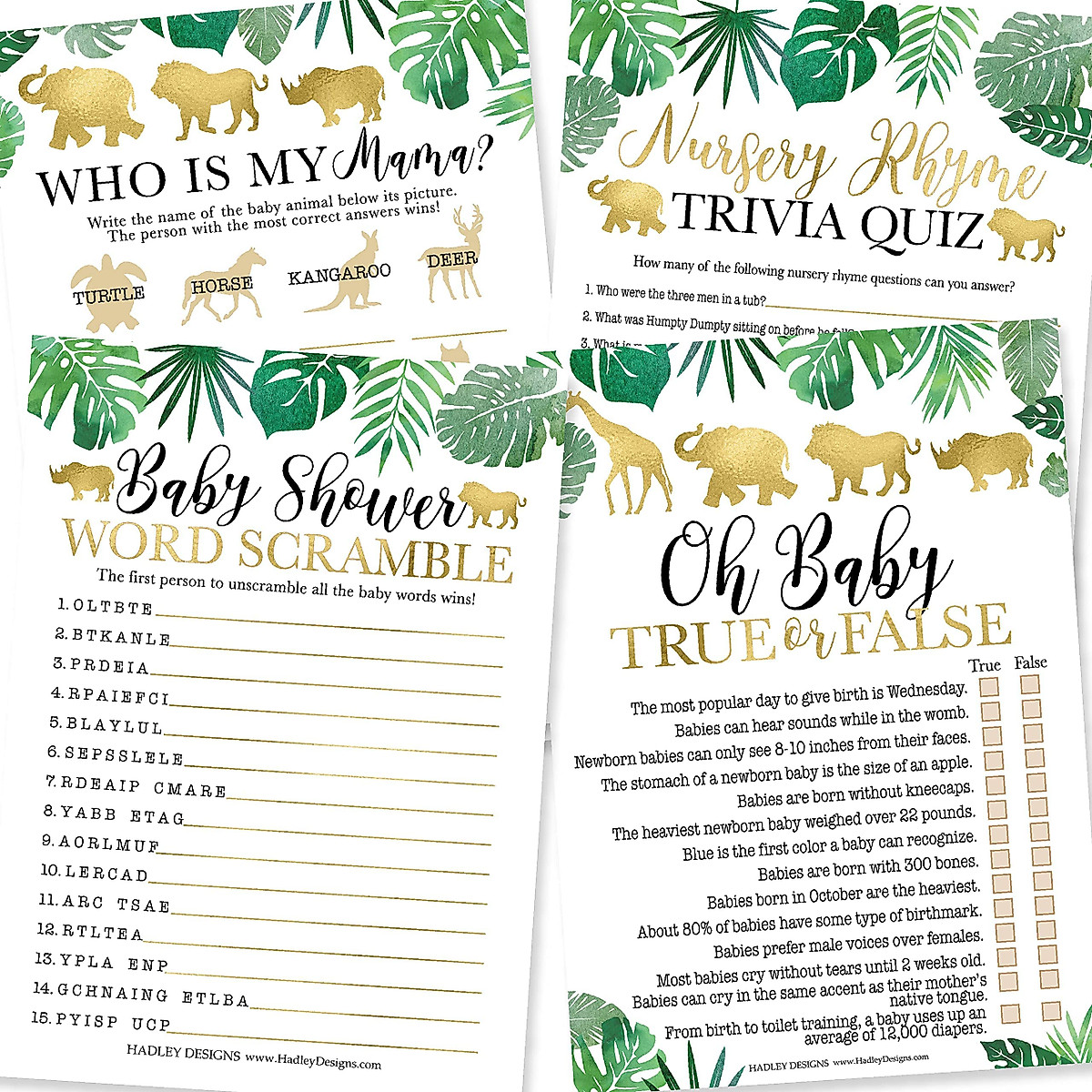 25 Safari Word Scramble For Baby Shower, 25 True Or False Game, 25 Baby Animal Matching, 25 Nursery Rhyme Game - 4 Double Sided Cards Baby Shower Ideas, Baby Shower Party Supplies