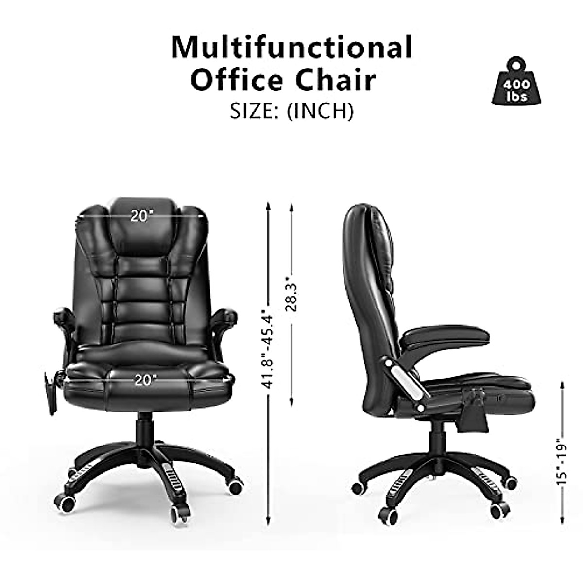 Leather Executive Massage Office Chair with 6 Pointed Vibrating, Heated Ergonomic Home Office Gaming Chair with Adjustable Height and Wheels, Big and Tall Office Chair for Adults, Black