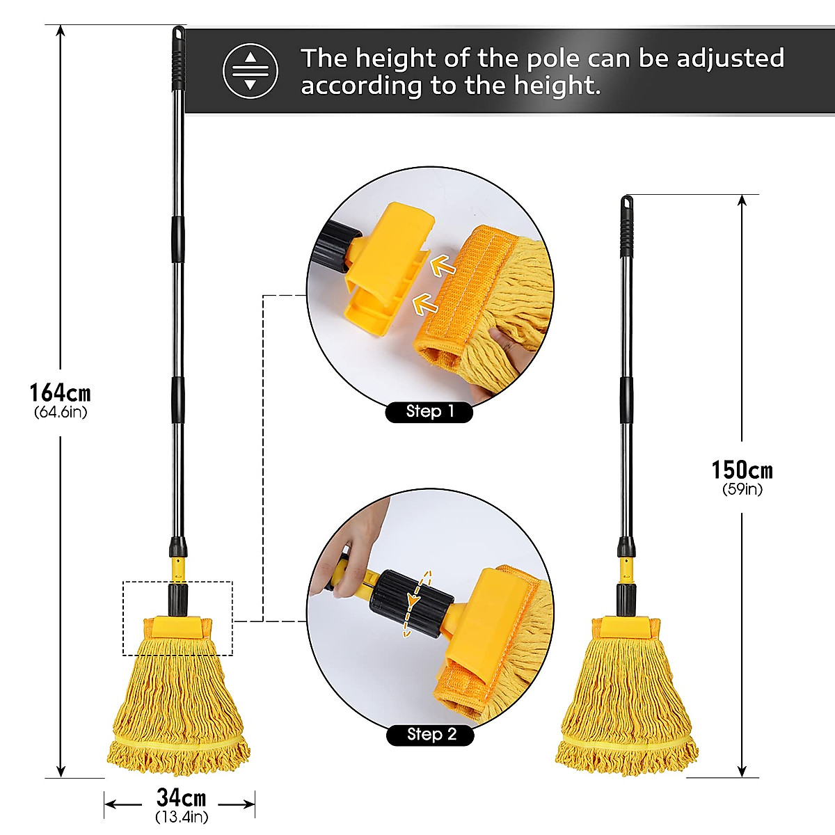 Kphico Broom and Dustpan Set with Upgrade 53" Long Handle&Floor Squeegee and Looped-End String Wet Mop with 2 String Mop Heads,for Laminate,Hardwood,Ceramic,Marble Floor Cleaning