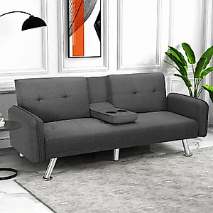 IULULU Futon Sofa Bed, Convertible Couch with 2 Cup Holders Loveseat with Armrest for Studio, Apartment, Office, Living Room, Dark Grey