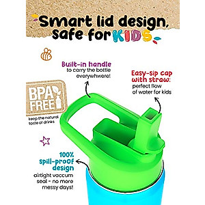 Kids Water Bottle - 12oz Blue | Leak Proof With Straw & Handle | 24 Hours Cold | Insulated, Double Wall Stainless Steel | Easy Sip Toddler Cup | Child's Flask | Eco Friendly