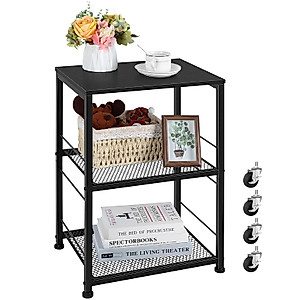ETELI 3 Tier Side Table with Wheels Black Rolling End Side Table Small with Storage Shelves Industrial Night Stand for Small Space Living Room Bedroom Kitchen Office