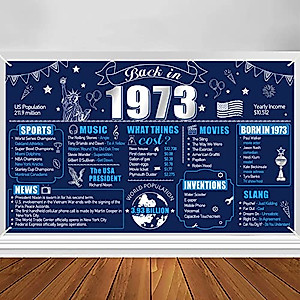 Large Blue Silver 50th Birthday Banner Backdrop Decoration for Men, Navy Blue 50th Birthday Back in 1973 Birthday Banner Party Supplies, Happy 50 Years Old Birthday Photo Background for Indoor Outdoor