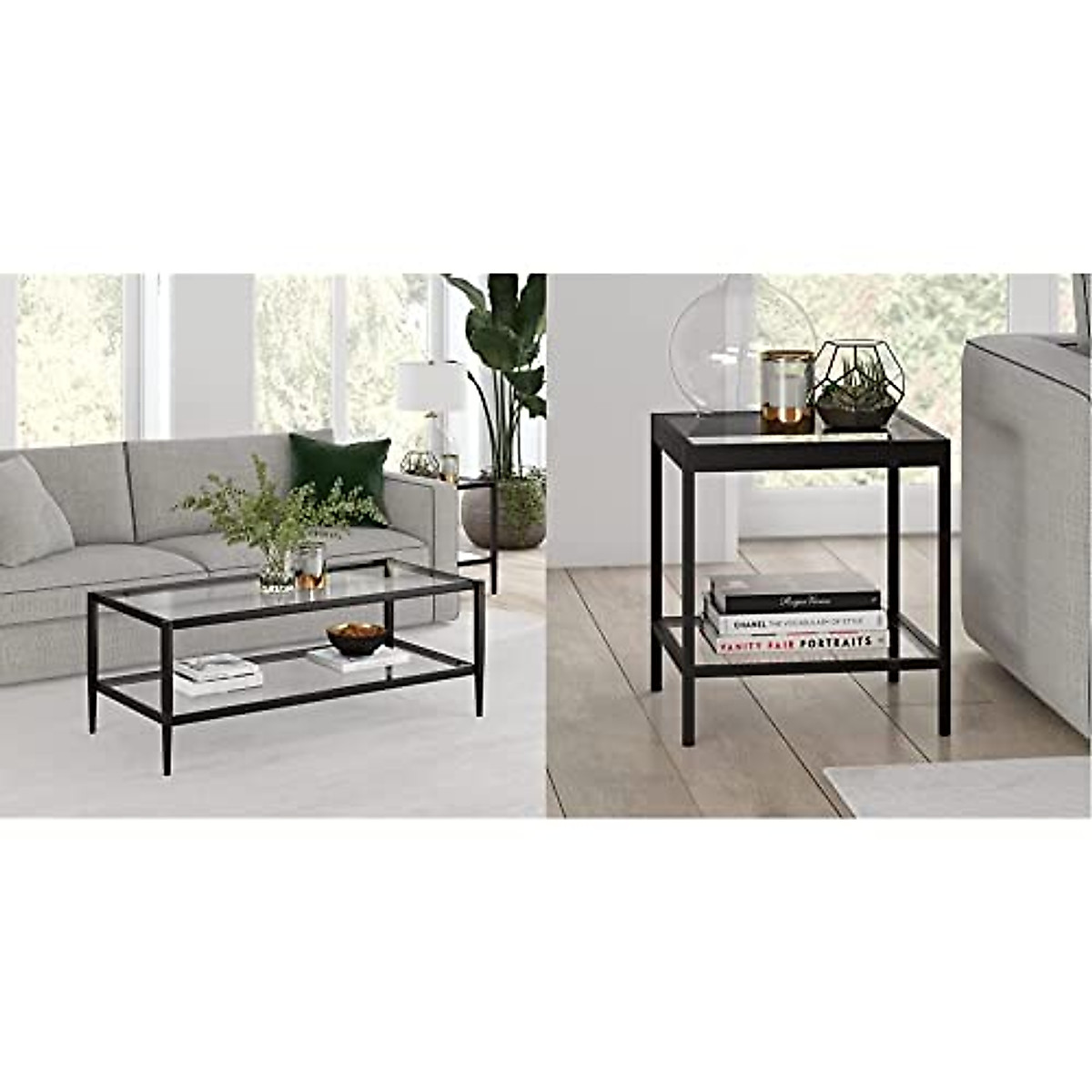 Henn&Hart 45" Wide Rectangular Coffee Table with Glass Shelf in Blackened Bronze, Modern Coffee Tables for Living Room, Studio Apartment Essentials & 20" Wide Square Side Table in Blackened Bronze