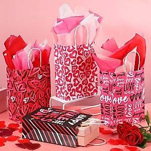 32 Pcs Valentines Day Gift Bags Valentines Kraft Paper Bags with Tissue Paper Heart Shaped Treat Goodies Bag for Wedding Valentines Party Gift Giving Kids Classroom Exchange Prizes, 8.7 x 6.3 x 3 inch