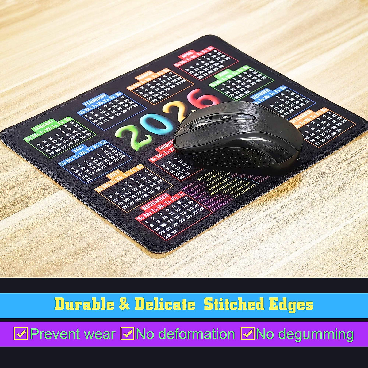 Mouse Pad with Stitched Edge, Computer Mouse Pad with Non-Slip Rubber Base, Mouse Pads for Computers Laptop Mouse 9.6x7.9x0.1 inch (2023 Calendar Black)