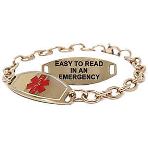 My Identity Doctor Medical Alert Bracelet for Women, Custom Engraved Medic ID, Rose Gold Tone Steel 6mm O-Link Chain, Red, Free ID Card | Made in USA - WRIST SIZE 6.25 inch