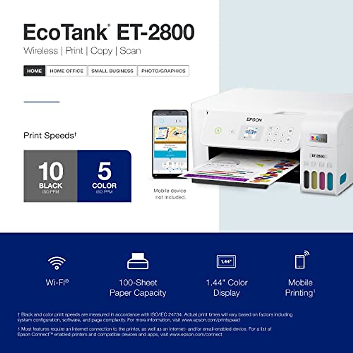 Epson EcoTank ET-2800 Wireless Color All-in-One Supertank Inkjet Printer, White - Print Scan Copy - 10 ppm, 5760 x 1440 dpi, 1.44" LCD Display, Borderless Photo Prints