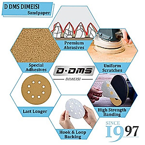362X - 5 Inch 8 Hole Gold Sanding Discs, 10 Each of 80 120 220 320 400 Grit Sandpaper Discs, 50PCS Hook and Loop Orbital Sander Pads for Woodworking - D DMS DIMEISI