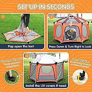 Baby Playpen, BIUSIKAN Premium Portable Baby Beach Tent, Lightweight Pop Up Pack and Play Baby Play Yard with Canopy and Travel Bag, Toddler Playpen for Indoor/Outdoor use - Orange