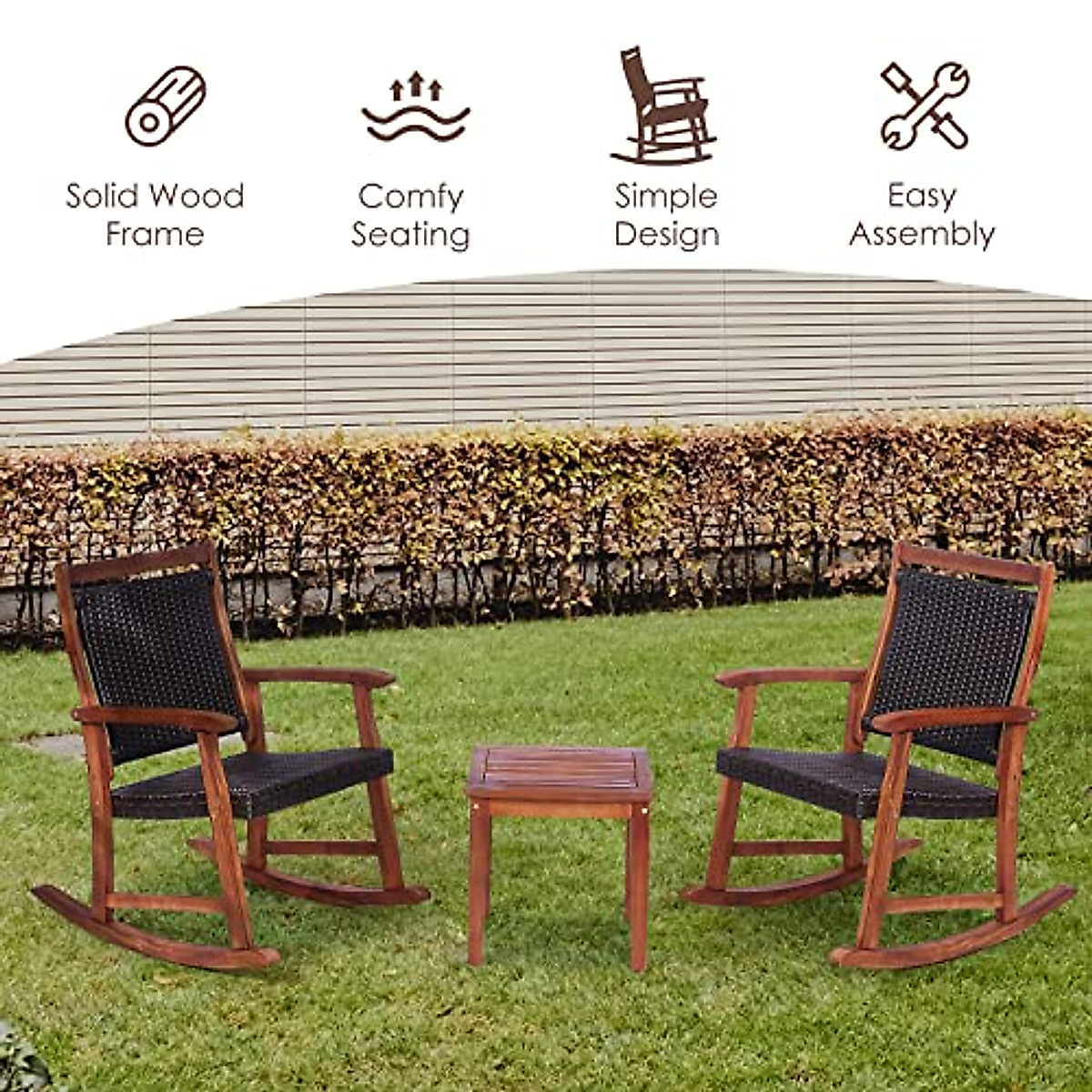 Tangkula 3 Pieces Patio Rocking Chair Set, Patiojoy Acacia Wood Rocker with Side Table, Outdoor Rocking Chairs with Wicker Rattan Seat & Backrest, Rocking Bistro Set for Garden, Backyard, Poolside