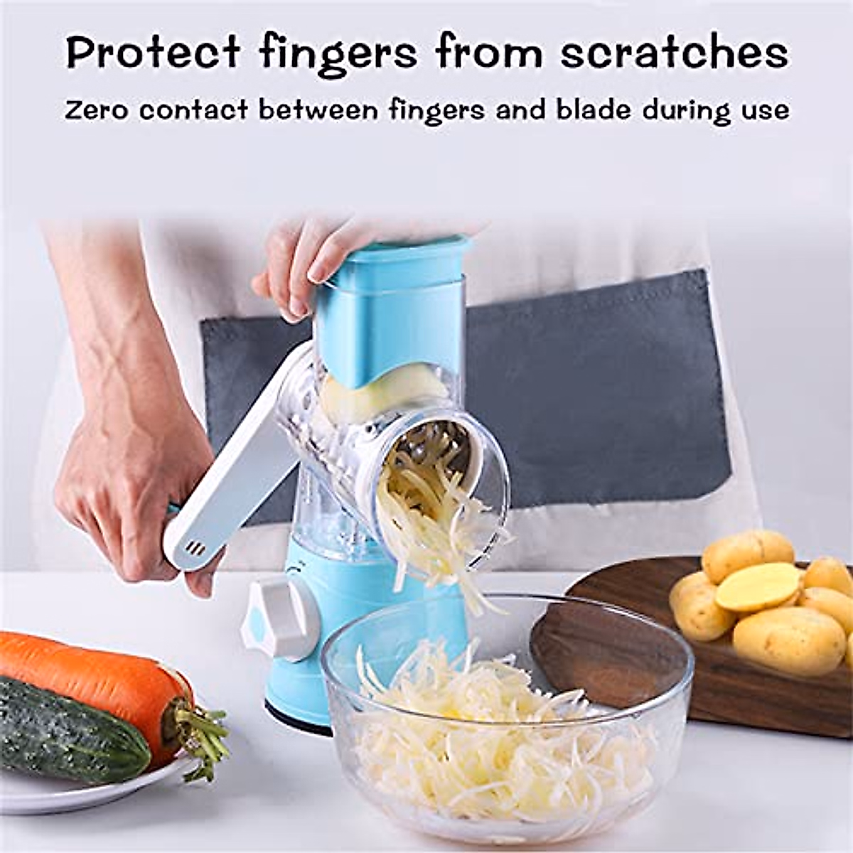 Rotary Cheese Grater with Handle for Fruit,Vegetables,Nuts, 3 In 1 Multifunctional Kitchen Square Drum Vegetable Cutter & Round Mandoline Slicer Nuts Grinder With 3 Interchangeable Blades (Blue)
