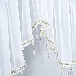 JAIJY Sheer Solid Country Curtain Drapes Window Treatment Valances Beaded Ascot Rod Pocket Curtains for Small Window Garden Living Room Home Bedroom Kitchen Cafe Farmhouse, 2 Panels, White