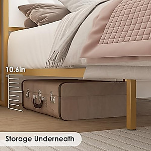 HITHOS Queen Bed Frame, Storage Headboard with Charging Station, Button Tufted Platform Bed with 2 Drawers, Upholstered Bed with 51.6" Tall Headboard, Gold Metal Frame, No Box Spring Needed, White