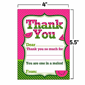 Pink Watermelon Sweet Celebration Birthday Thank You Notes, Ten 4" x 5.5" Fill In The Blank Cards with 10 White Envelopes by AmandaCreation