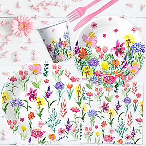 Xigejob Wildflower Decorations Tableware - Floral Party Supplies, Plate, Cup, Napkin, Tablecloth, Cutlery, Spring Summer Flower Party Decorations For Birthday, Baby Shower, Tea Party | Serve 24
