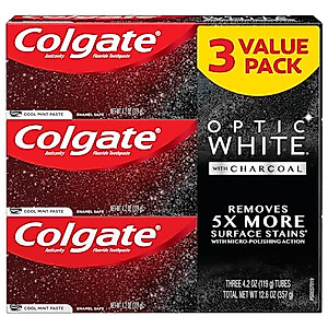 Colgate Optic White with Charcoal Whitening Toothpaste, Cool Mint Flavor, Safely Removes Surface Stains, Enamel-Safe for Daily Use, Teeth Whitening Toothpaste with Fluoride, 3 Pack, 4.2 Oz Tube
