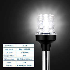 Obcursco Boat Stern Lights, IP67 Waterproof Fold-Down White LED Navigation Lights, Anchor Lighting for Marine, Pontoon, Fishing, Bass, and Jon Boats (18 Inches)