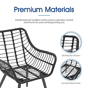 wOod-it 3 Piece Patio Set, Outdoor Wicker Conversation Chair Sets, All-Weather Rattan Bistro Furniture Set with Glass Top Table, Cushions & Lumbar Pillows for Porch Balcony Deck Backyard Poolside