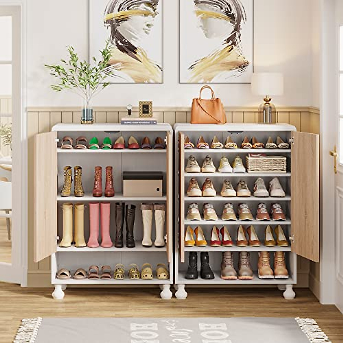 Tribesigns Shoe Storage Cabinet, 24 Pairs Organizer Cabinet with Door, White Freestanding Shoe Storage, 6 Tiers Modern Wood Shoe Rack for Entryway, Living Room (Fits Shoes up to Men's Size 16)