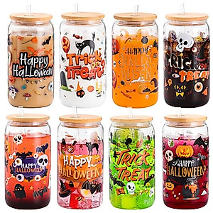 pengtai Halloween Gifts Cups,Halloween Glass Tumbler,16oz Halloween Iced Coffee Cups With Lids and Straw,Can Shaped Glassware Halloween Party Favors Pumpkin Ghost Cups Gift Set of 8