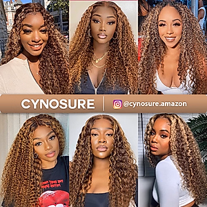 CYNOSURE 13x5 Curly Honey Blond Ombre Color Highlight Lace Front Human Hair Wigs for Women Invisible Pre Plucked (24 Inch, Highlight)