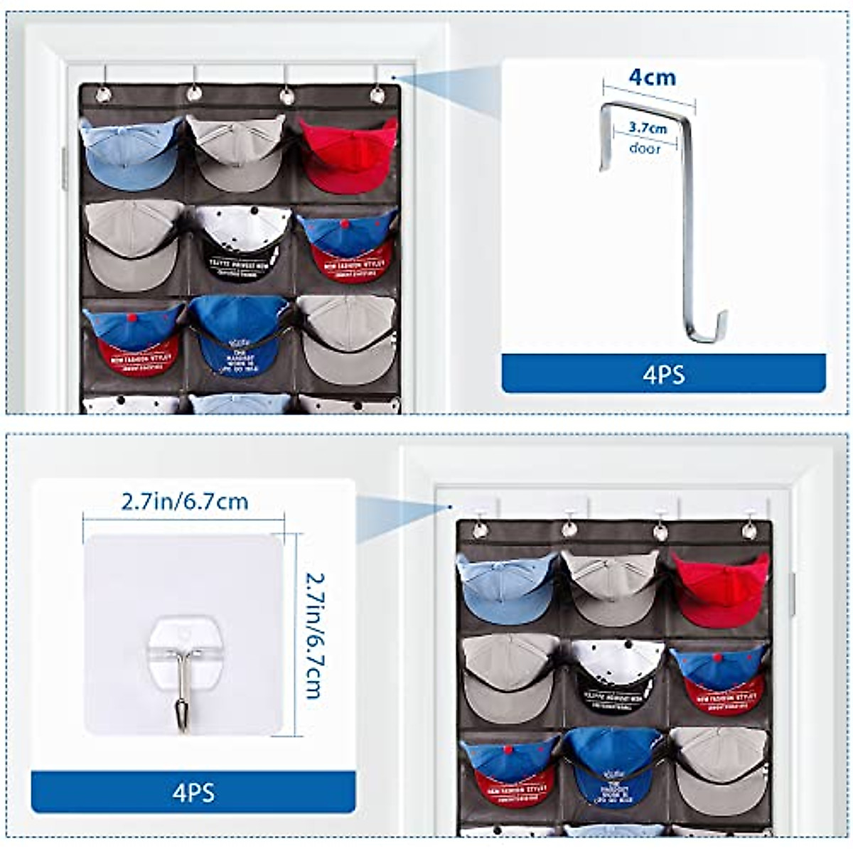 IREENUO Hat Rack for Baseball Caps, Cap Organizer for Door and Wall with 24 Clear Deep Pockets, Hat Holder for Storage and Display Baseball Caps, 4 Door & Wall Hooks Included, Dark Gray