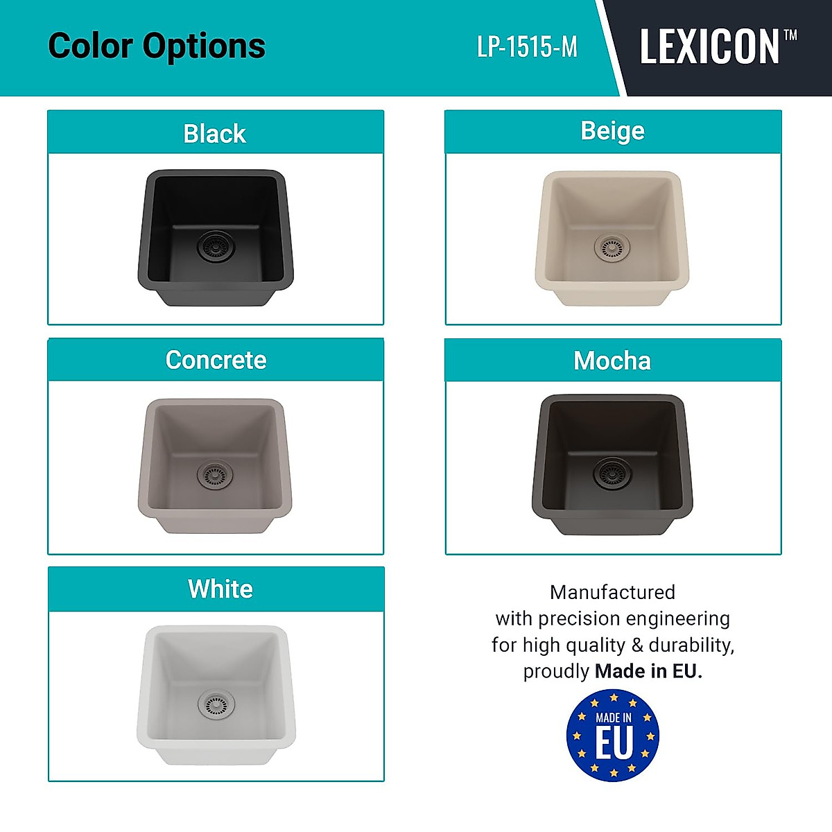 15" x 15" Quartz Kitchen Sink, Single Bowl Kitchen Sinks, Drop in Kitchen Sink, Granite Composite Kitchen Sink, Undermount Sink, Galaxy Mocha Kitchen Sink, Includes Grid, Strainer, Flange, LP-1515-M