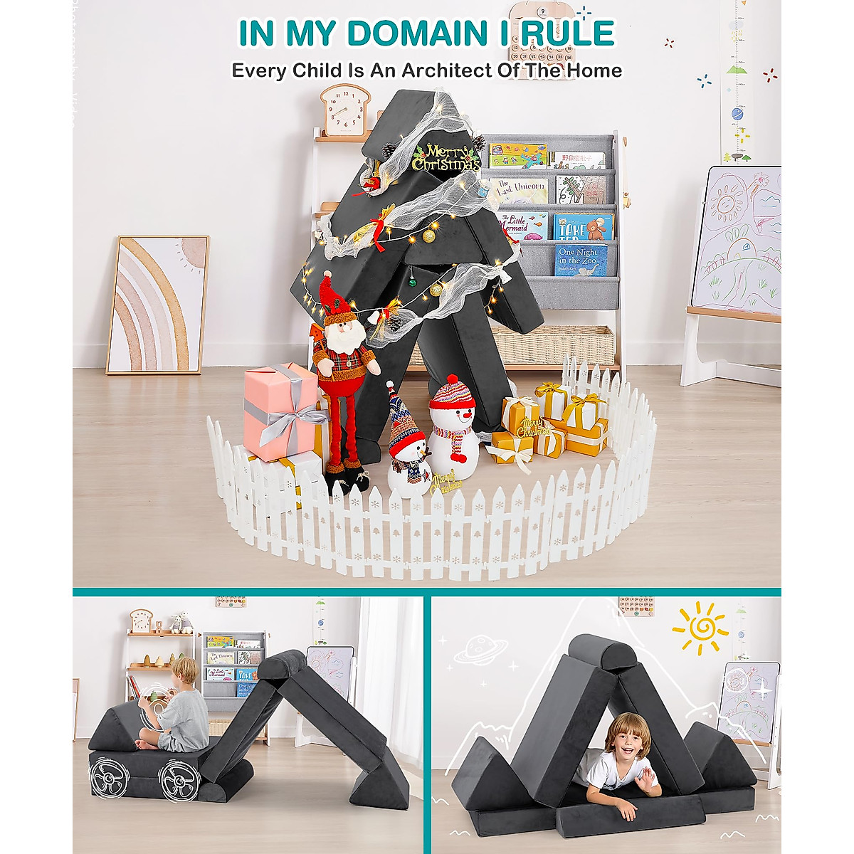 Kidirect Modular Kids Play Couch, K8 Imaginative Convertible Foam Play Couch for Kids and Toddlers, 350+ DIY Kid Couch for Playroom, Creative Toddler Play Couch Sofa, Child Sectional Sofa, Space Grey