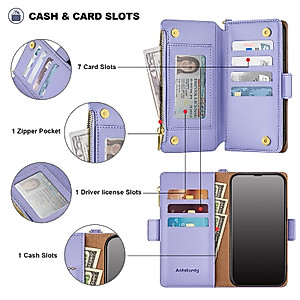 Antsturdy Compatible with Samsung Galaxy S23+/S23 Plus case Wallet with Card Holder for Women Men Phone case RFID Blocking PU Leather Flip Cover with Strap Zipper Credit Card Slots,Light Purple